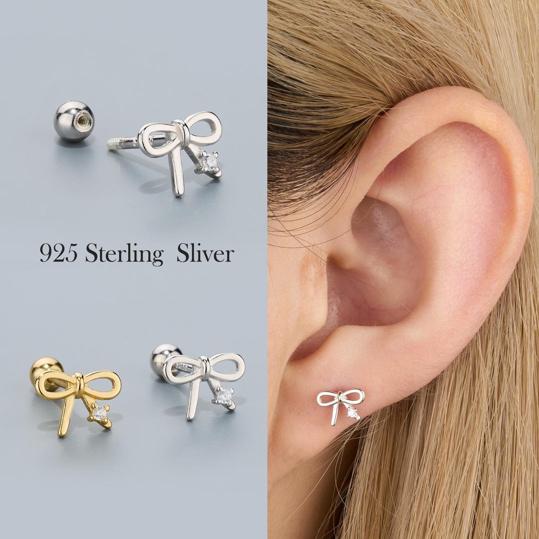 18G 6mm Bow Cartilage Earring – 925 Sterling Silver Ball End Stud ...