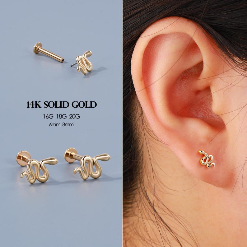 14K Solid Gold Snake Threadless Stud – Push-in Flat Back Earring for ...