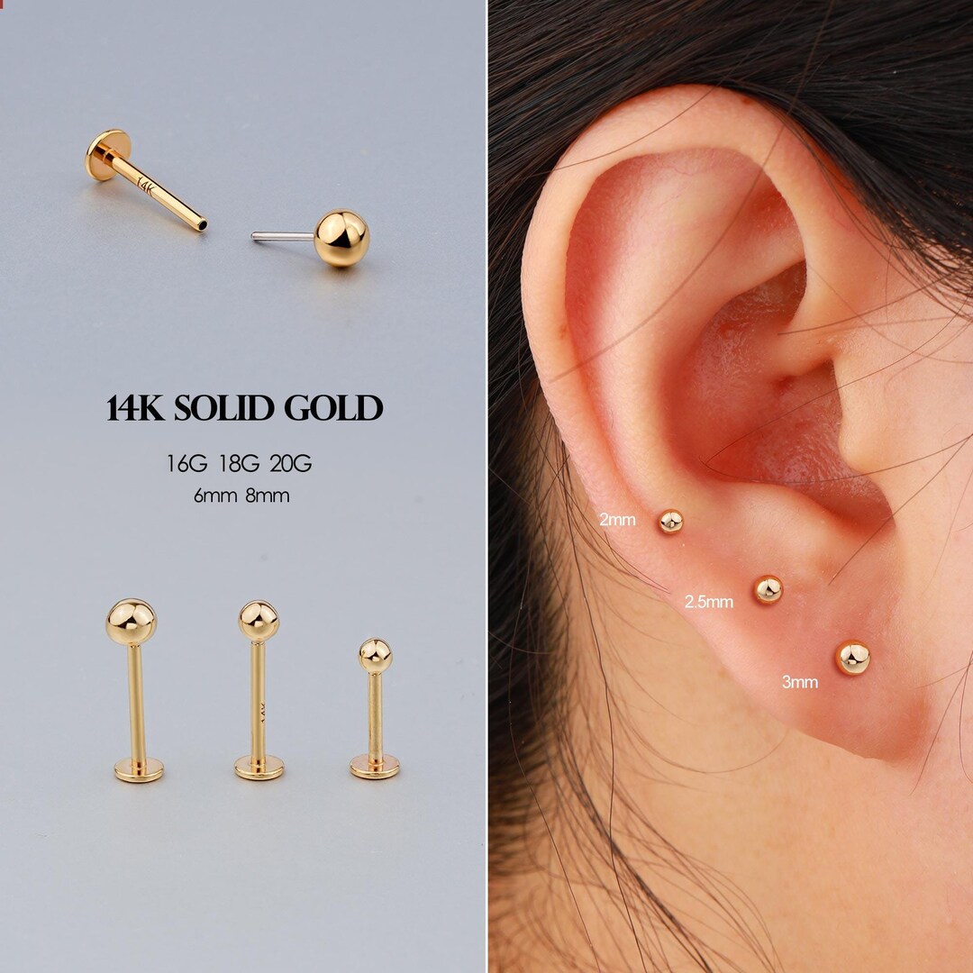 14K Solid Gold Threadless Push Pin Stud 16G/18G/20G Labret/nose/tragus ...