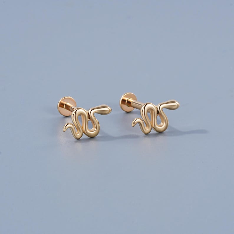 14K Solid Gold Snake Threadless Stud – Push-in Flat Back Earring for ...