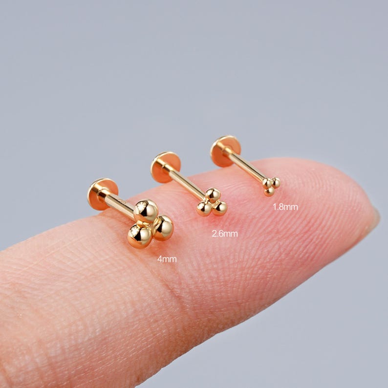 14K Solid Gold Tiny Three Ball Push Pin, Cartilage/tragus/helix/daith ...