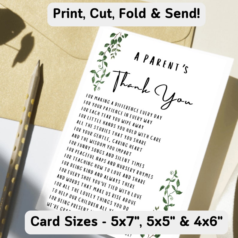 Parent Teacher Appreciation Printable Card Wall Art Thank You Gift ...