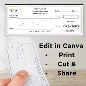 CUSTOMIZABLE Tooth Fairy Check Upload to Canva Instant Download - Etsy