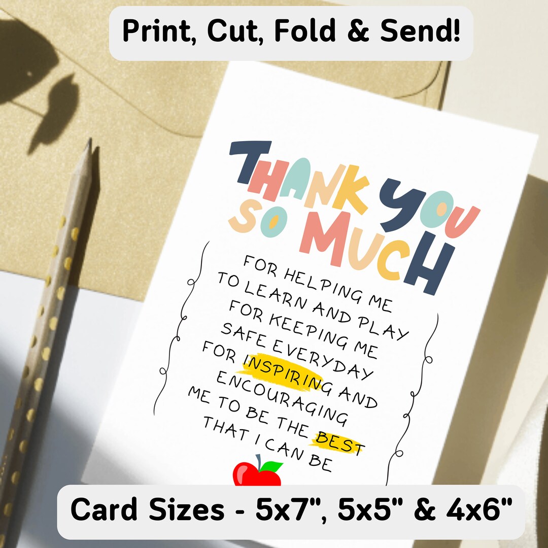 Teacher Appreciation Card Printable: Thank You Card (digital Download ...