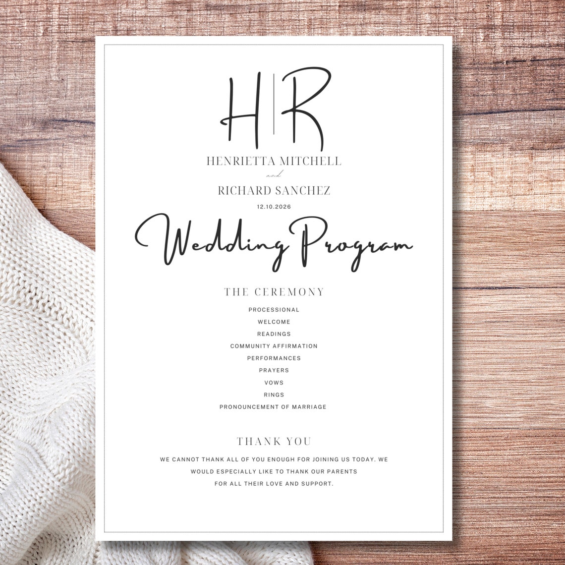 Modern Wedding Program Template, Minimalist Order of Service, Printable ...