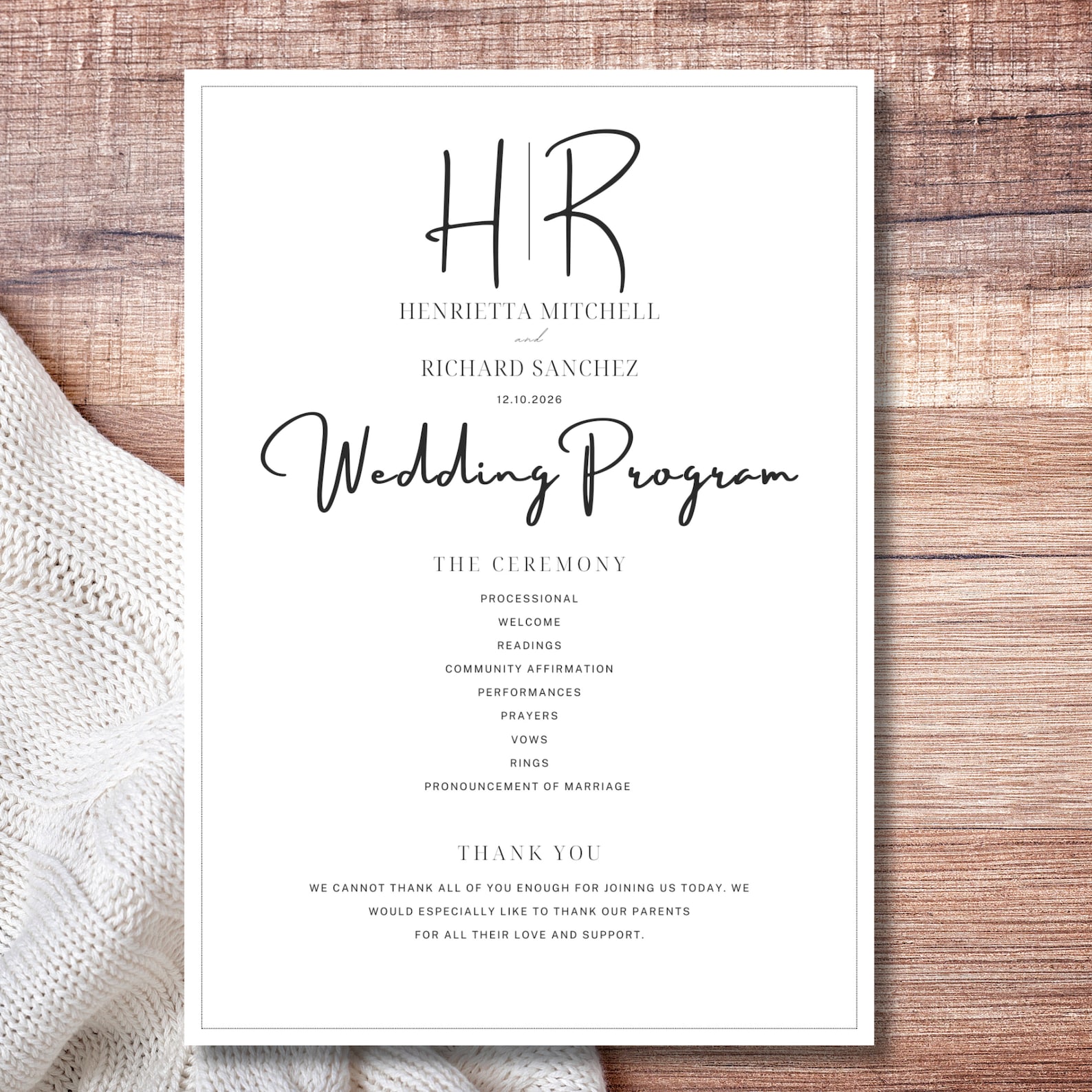 Modern Wedding Program Template, Minimalist Order of Service, Printable ...