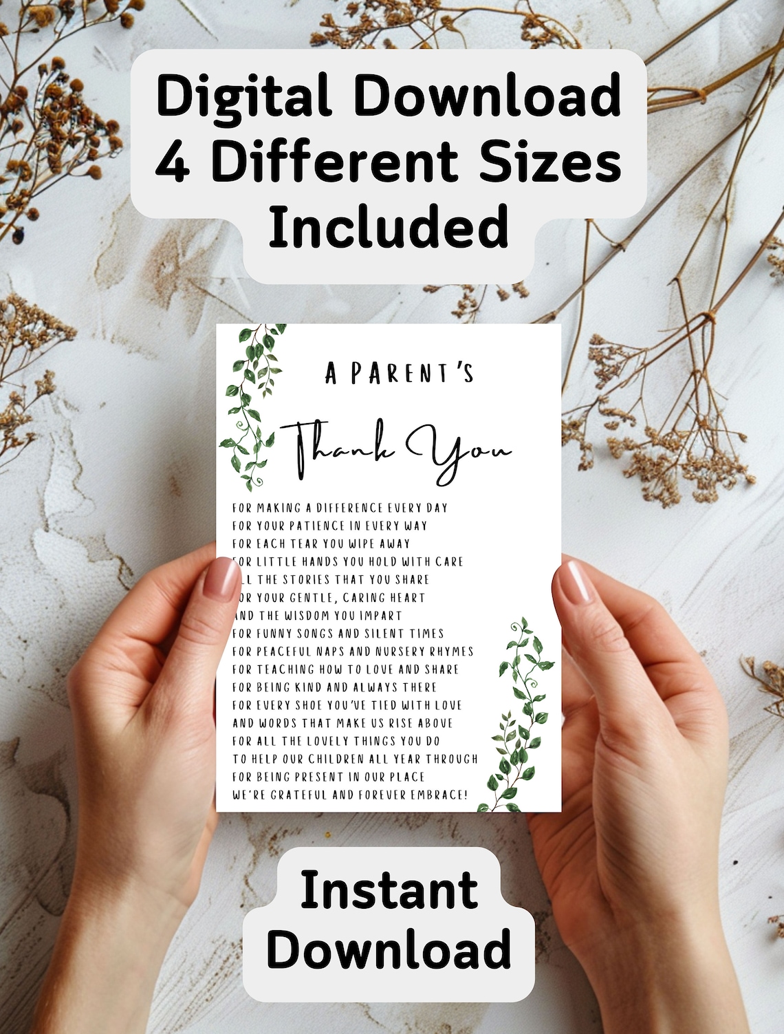 Parent Teacher Appreciation Printable Card Wall Art Thank You Gift ...