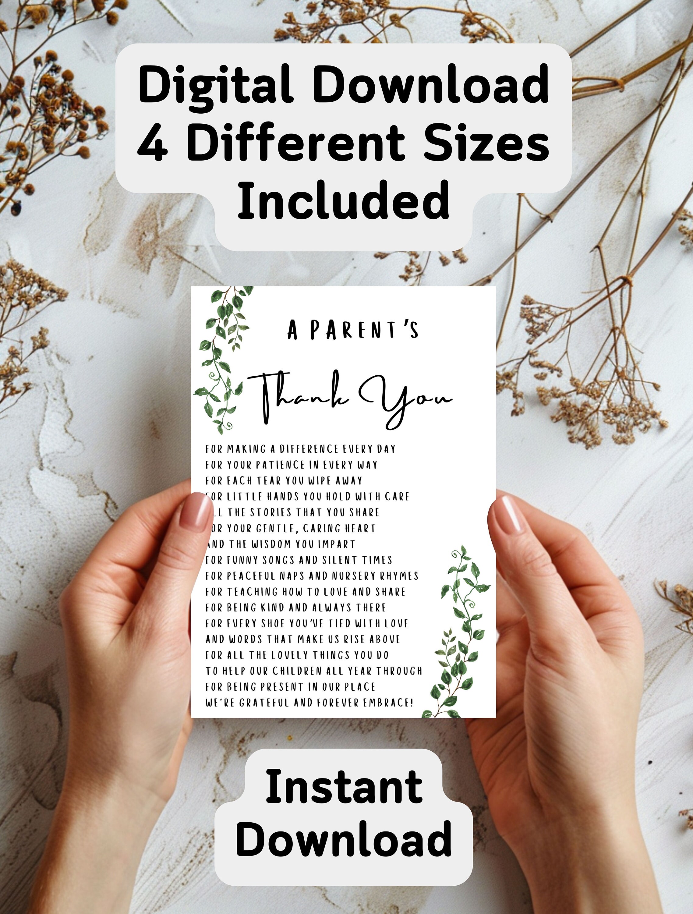 Parent Teacher Appreciation Printable Card Wall Art Thank You Gift ...