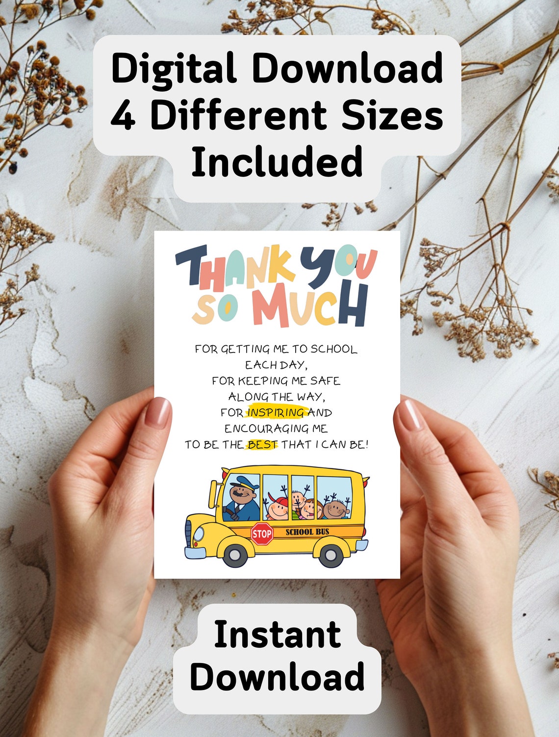 School Bus Driver Thank You Card Wall Art Printable Instant Download ...