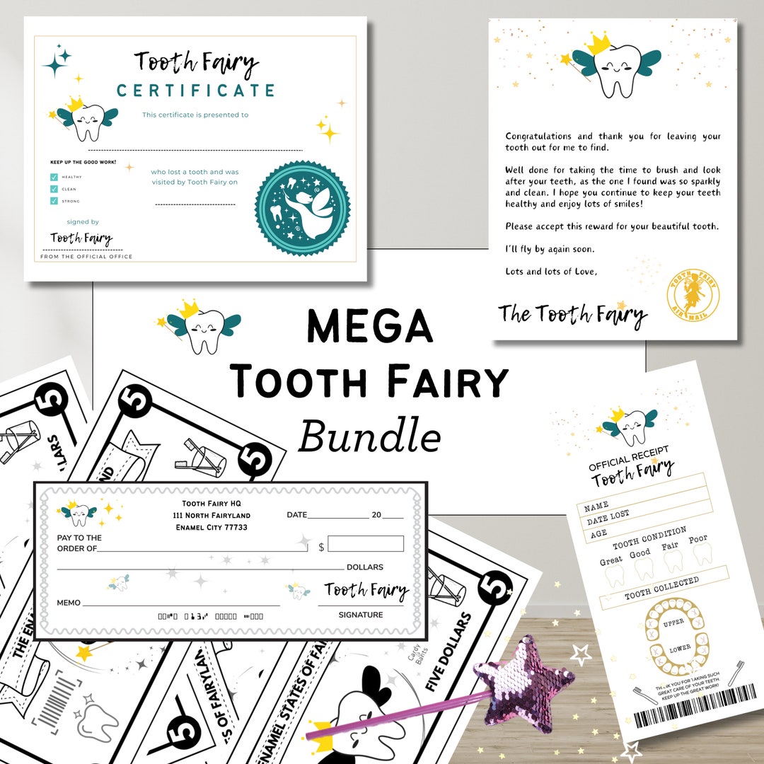 Mega Tooth Fairy Letter Receipt Certificate Door Hanger Money Bundle ...