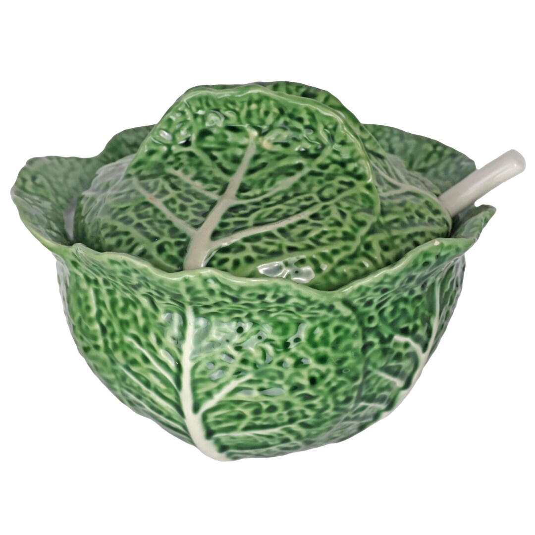 Vintage Bordallo Pinheiro Green Majolica Cabbage Leaf Large Lidded ...