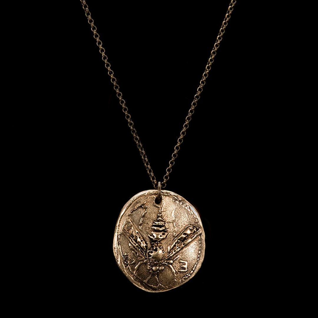 Bronze Greek BEE NECKLACE, Medallion Necklace, Gold Bee Necklace, Thin ...
