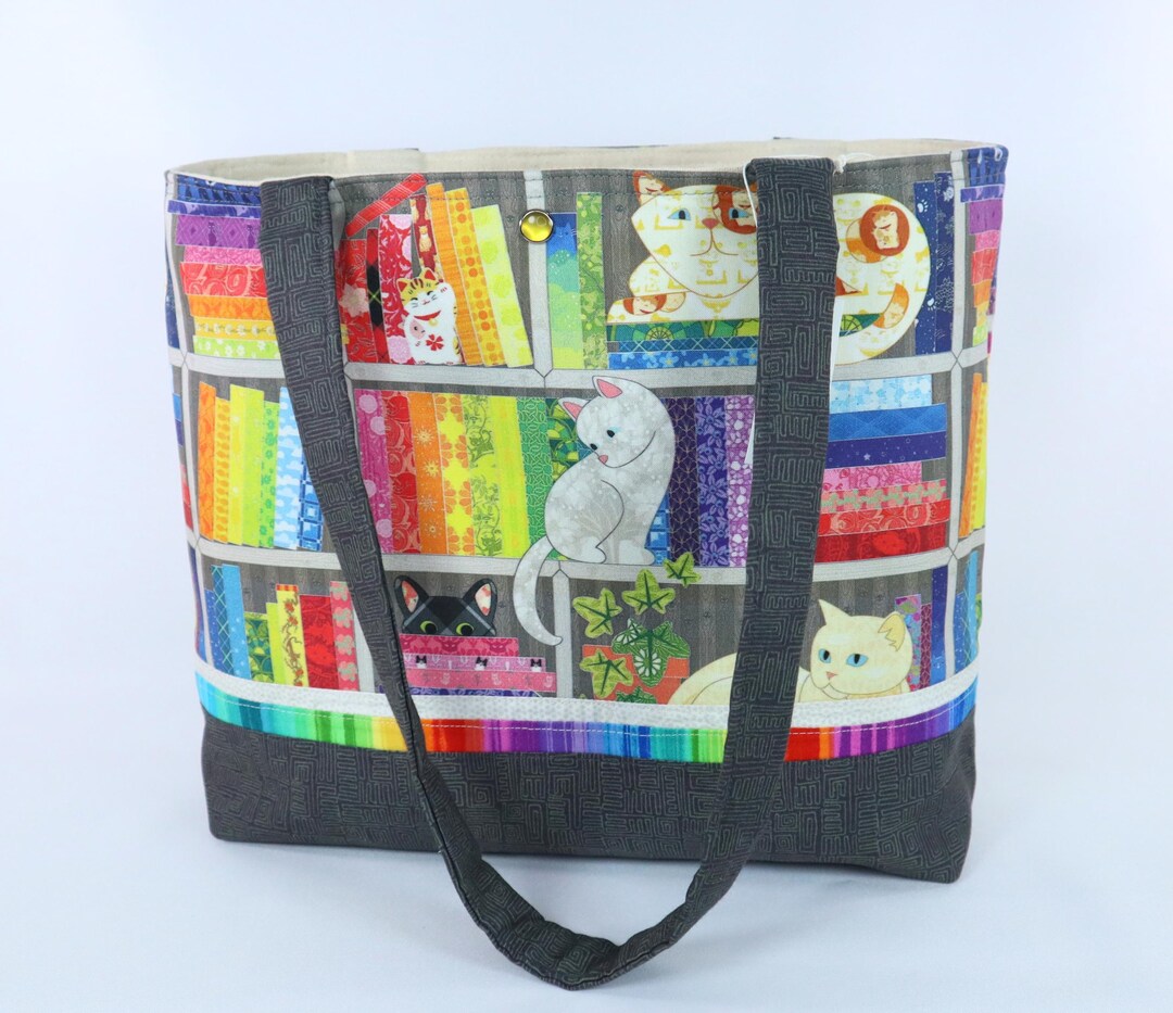 Calico Cats on Bookshelves Shoulder Bag Purse Rainbow Library Tote ...