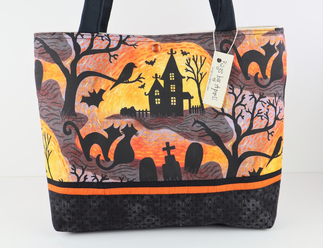 Orange Halloween Shoulder Bag Purse Haunted House Handbag Black Cat ...