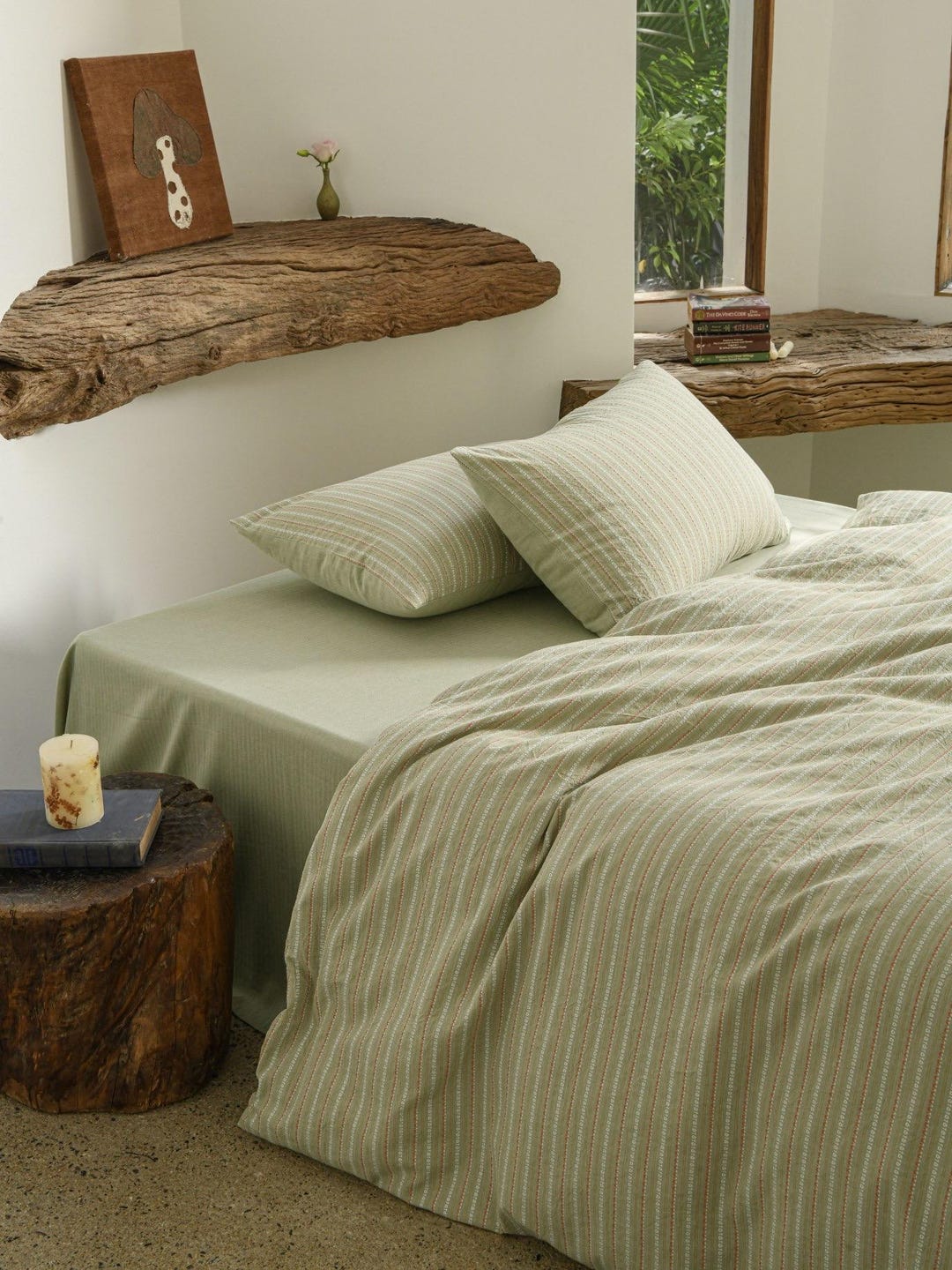 Cotton Bedding, Green Striped Duvet Cover, 4PS Queen/full Bedding Set ...