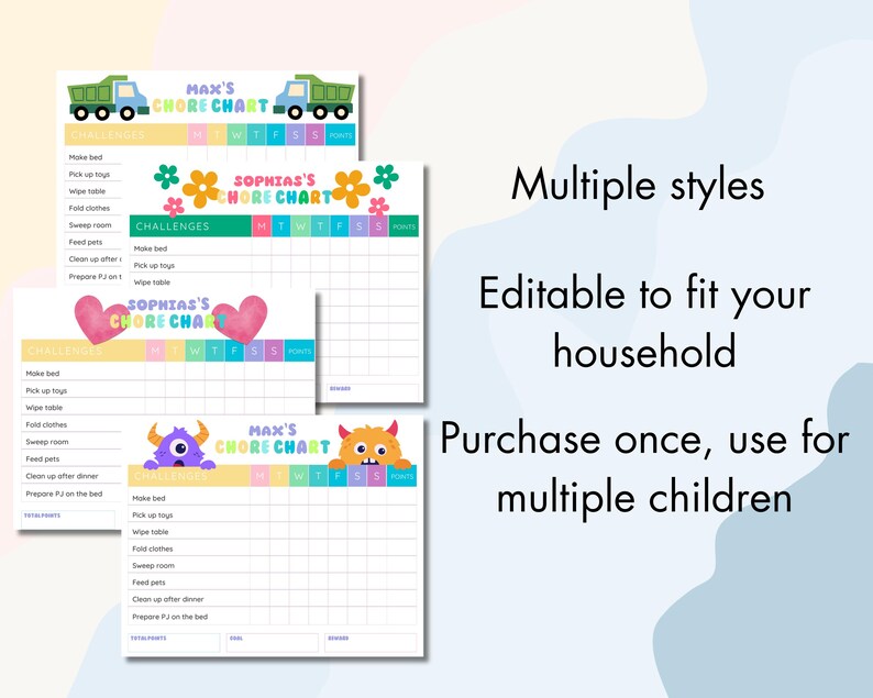 Editable Kids Chore Chart Template | 4 Fun Styles | Easy Canva Edit ...
