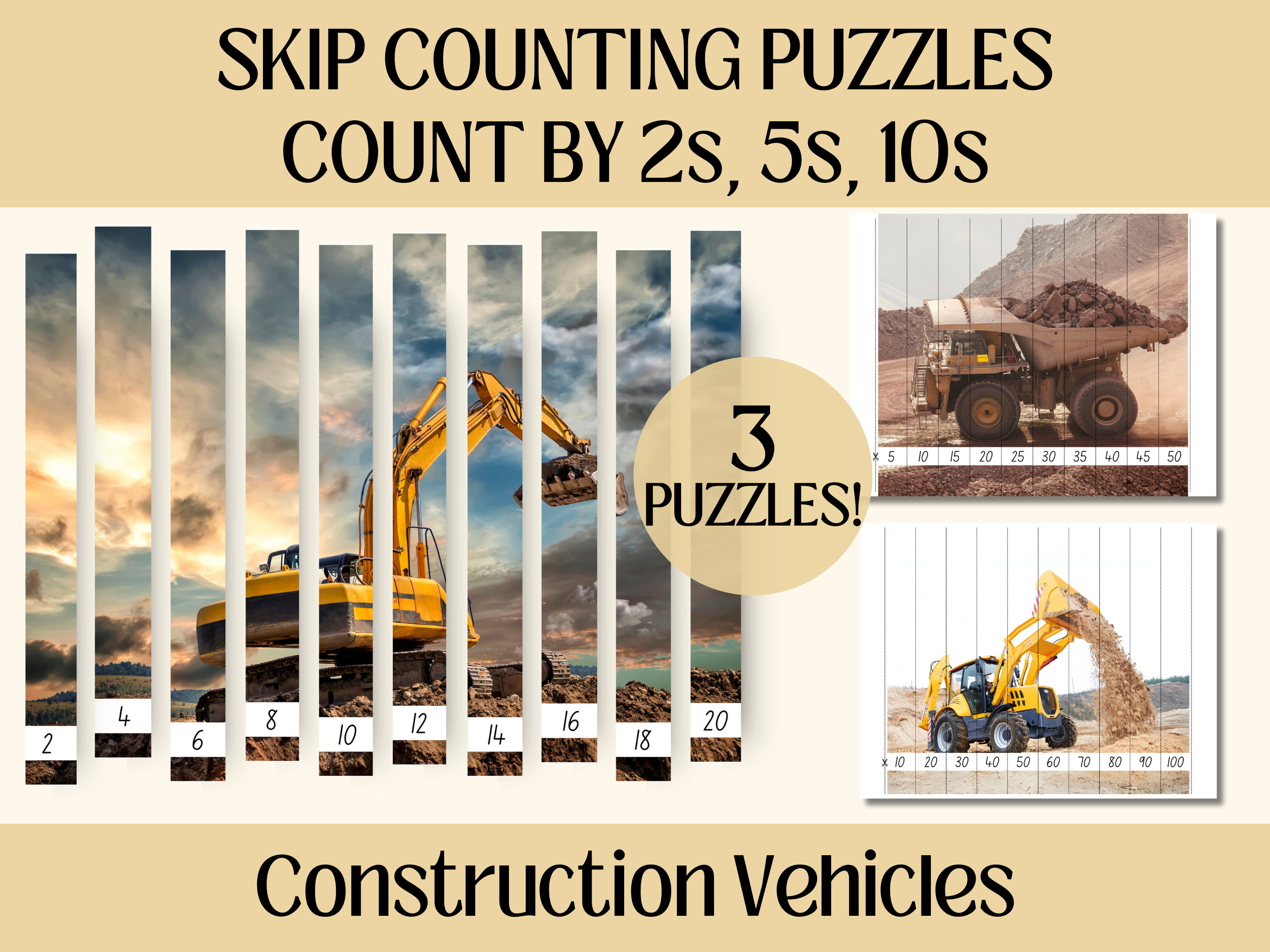 Construction Vehicle Skip Counting Sequence Number Recognition Puzzle ...