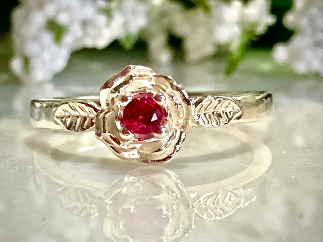 Ruby Rose Flower Design (.15 Ct. 3mm ) Solitaire Sterling Silver Ring ...