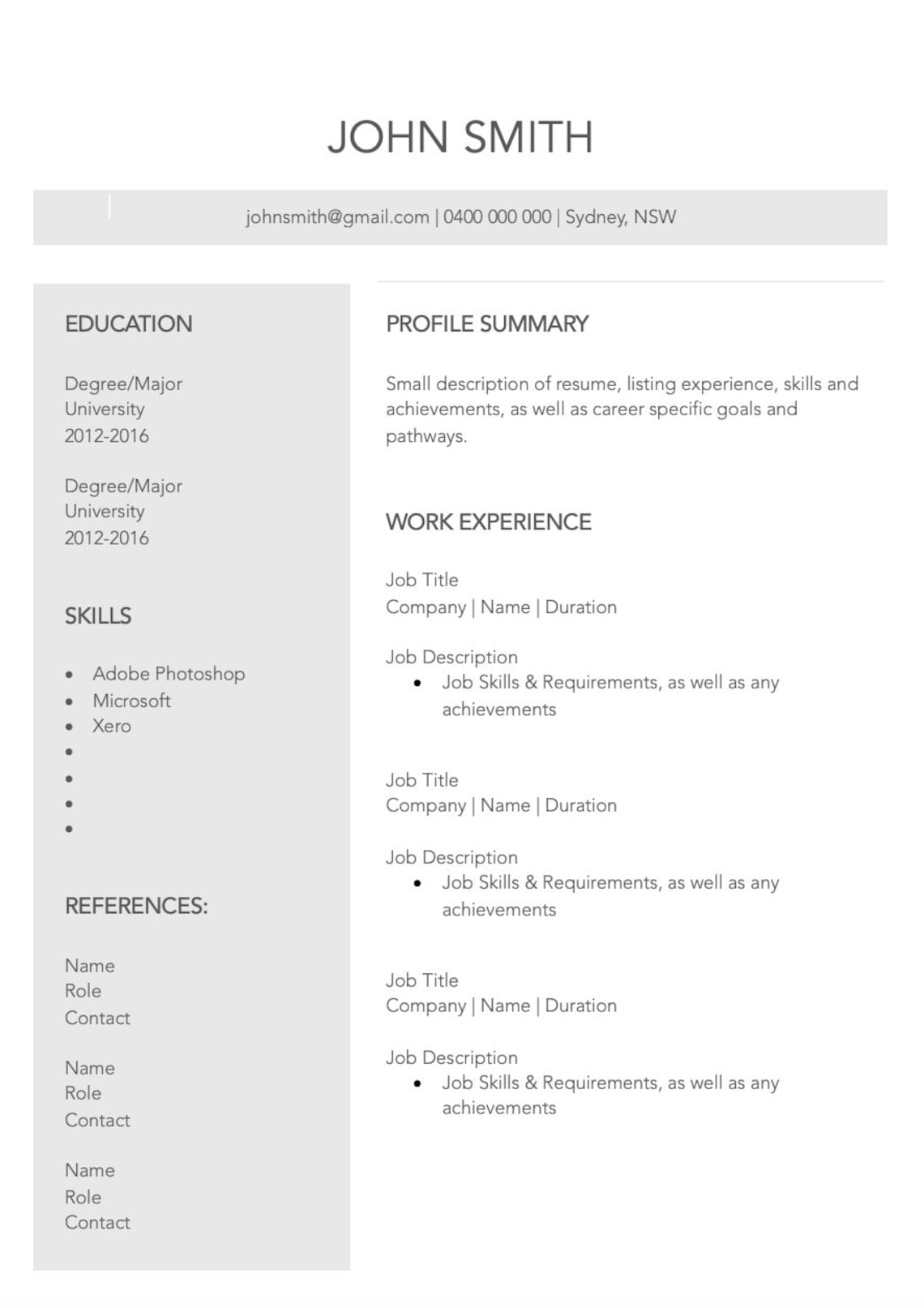 Minimalistic & Simple Resume Template, Word, Docs or Pages Compatible ...