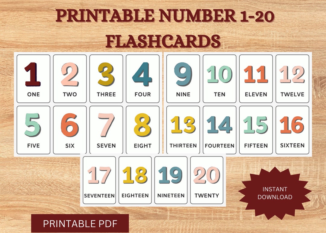 White Colorful Numbers From 1 to 20 Flashcards: Educational Learning ...
