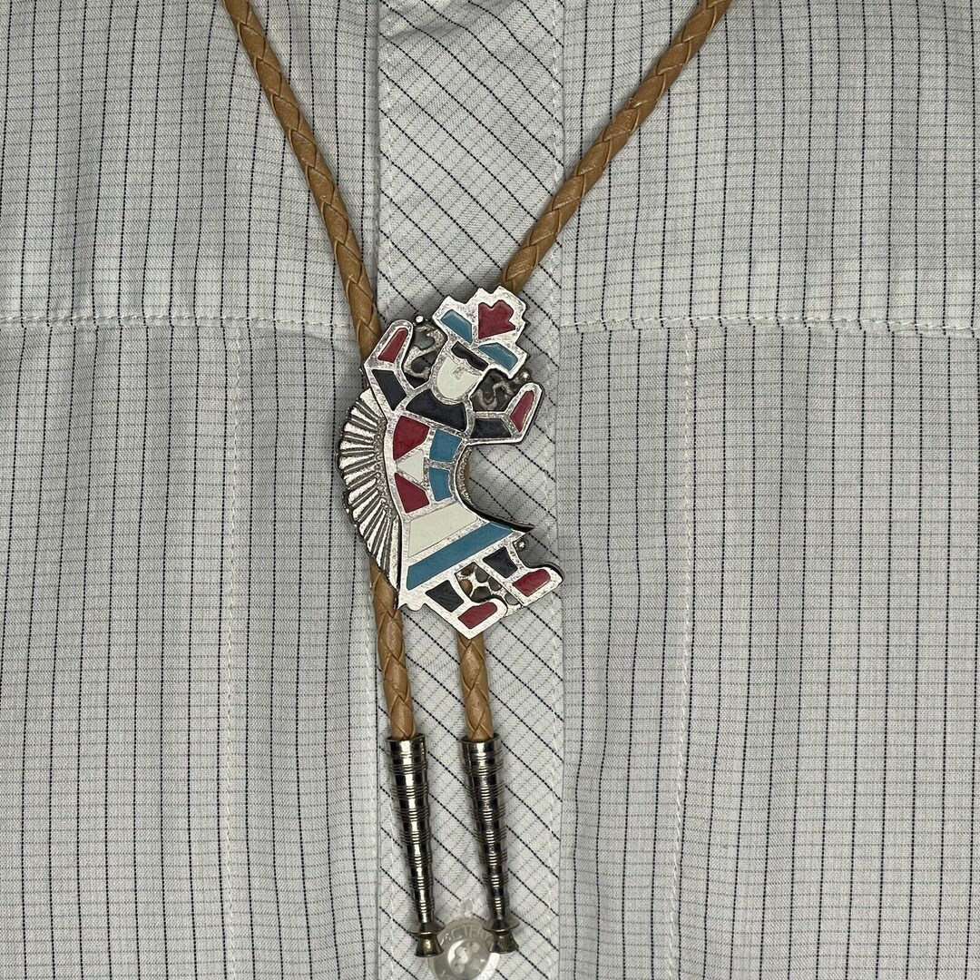 Vintage Zuni Rainbow Dancer Bolo Tie Faux Turquoise Inlay Silvertone ...