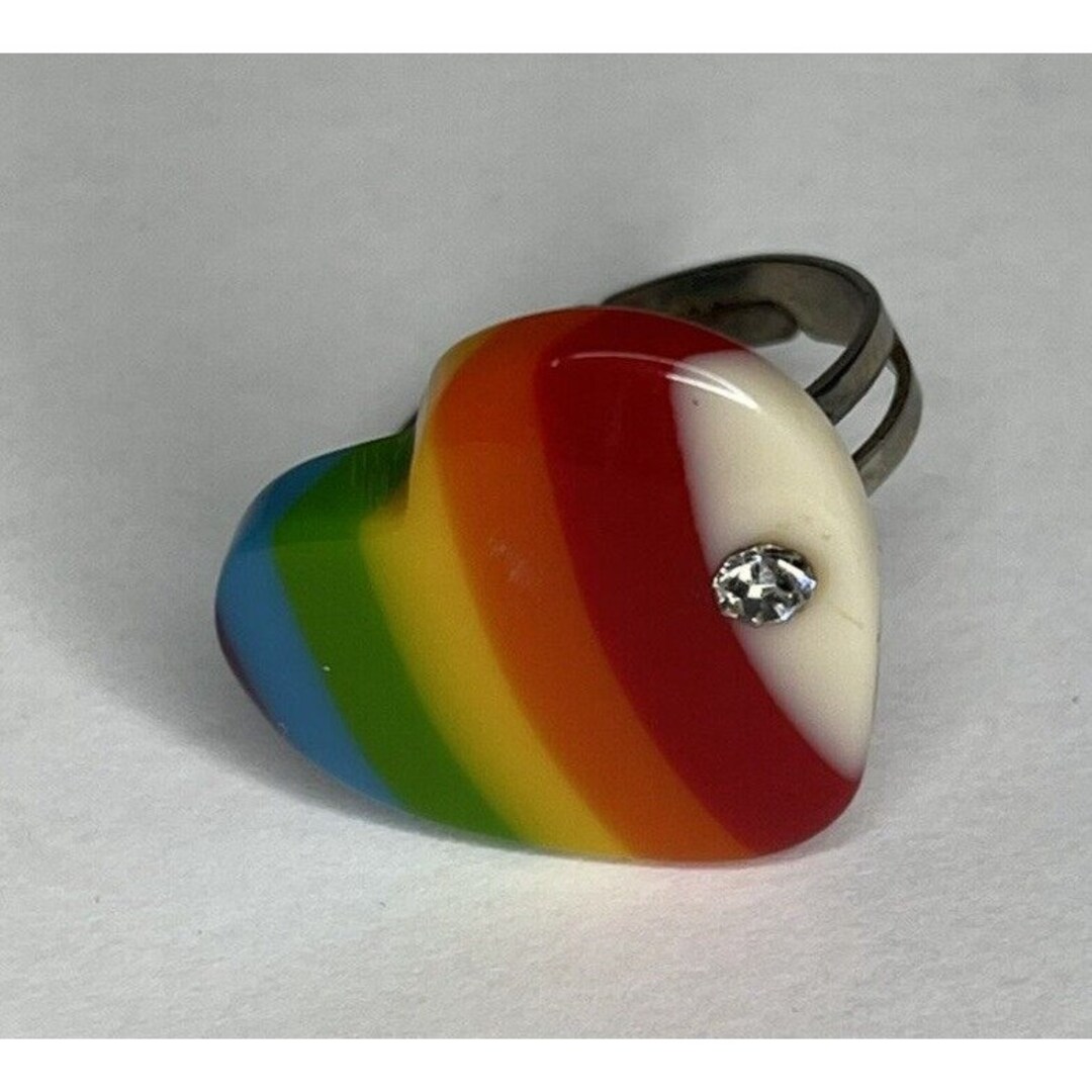 Vtg Retro Rainbow Heart W Clear Stone Lucite Ring Band Adjustable Size ...