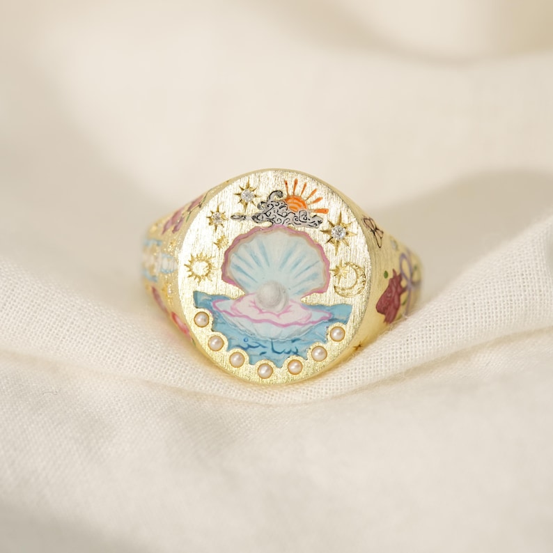 Custom Shell Ring, Clam Enamel Ring, Hand Painted Jewelry, Oyster Gift ...