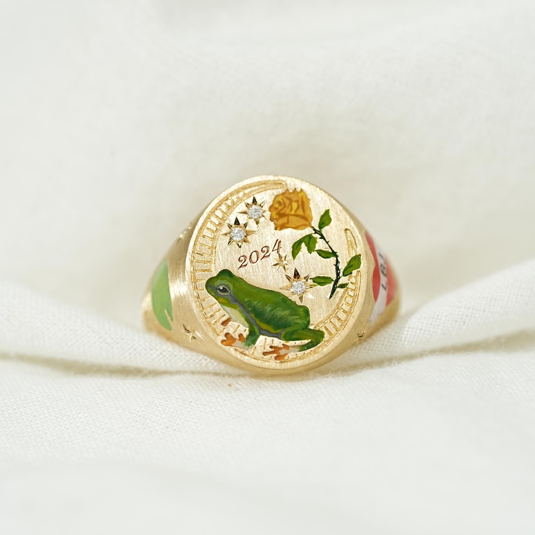 Custom Frog Prince Ring, the Frog Enamel Ring, Rose Memorial Ring, Hand ...
