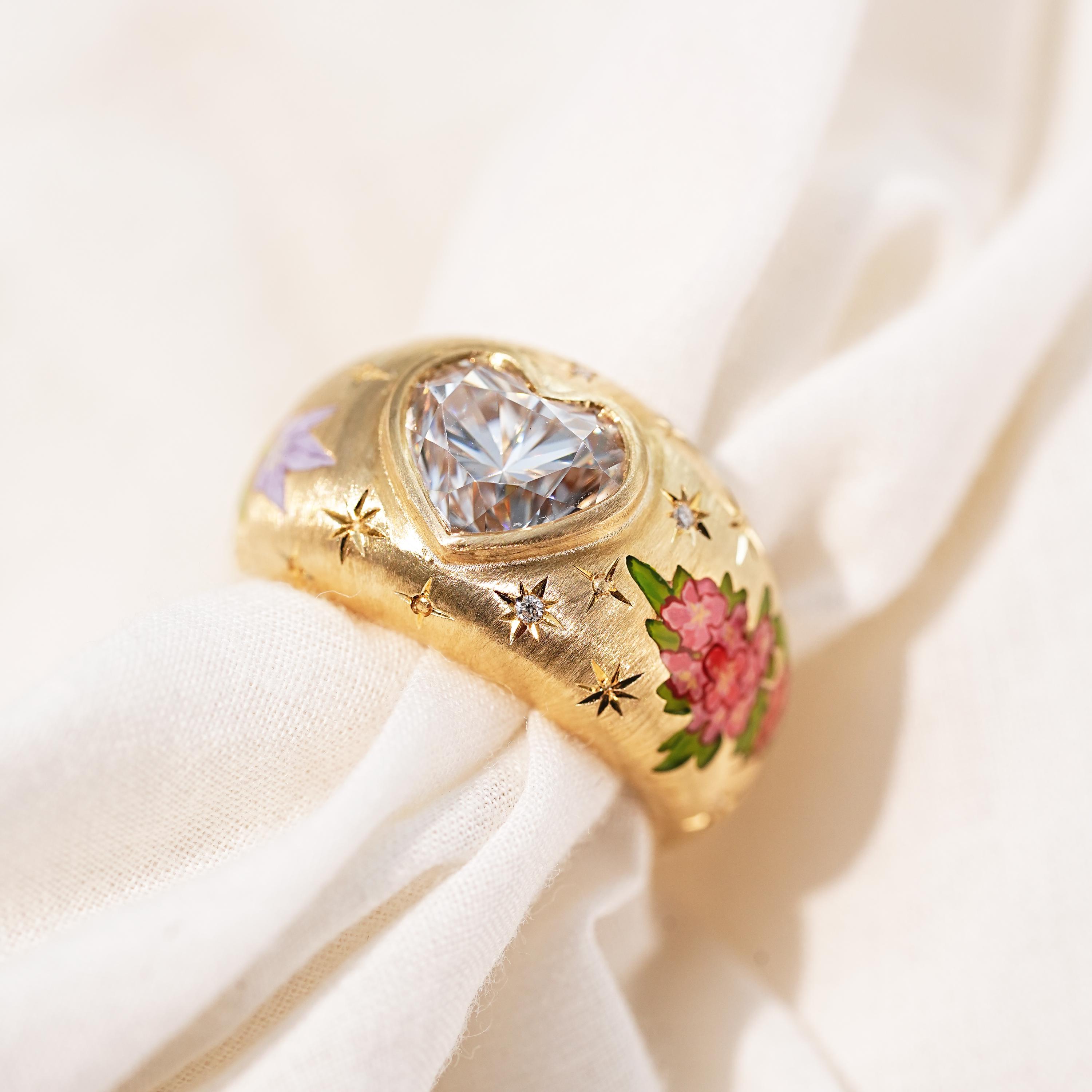 Custom Birth Flower Ring, Flower Enamel Ring, Vintage Heart Rings for ...