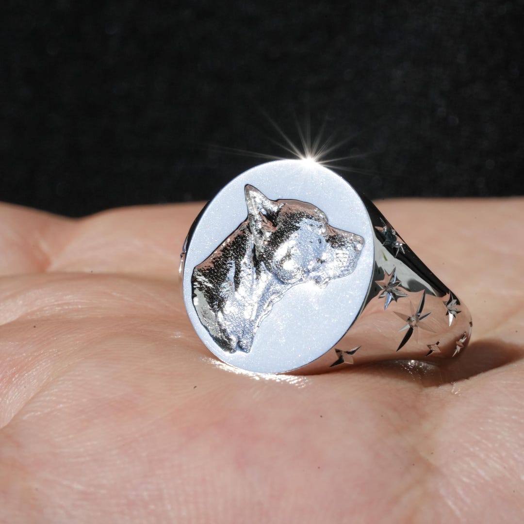 Custom Dog Portrait Signet Ring, Pet Memorial Ring, Hand Etching ...