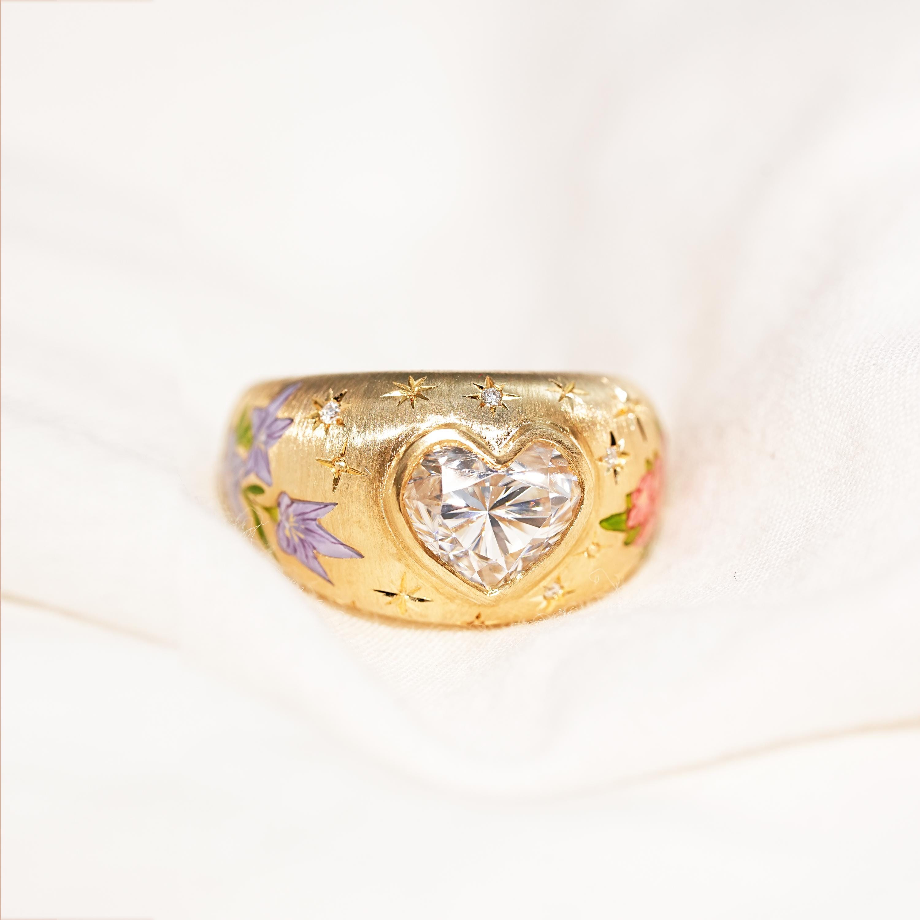Custom Birth Flower Ring, Flower Enamel Ring, Vintage Heart Rings for ...