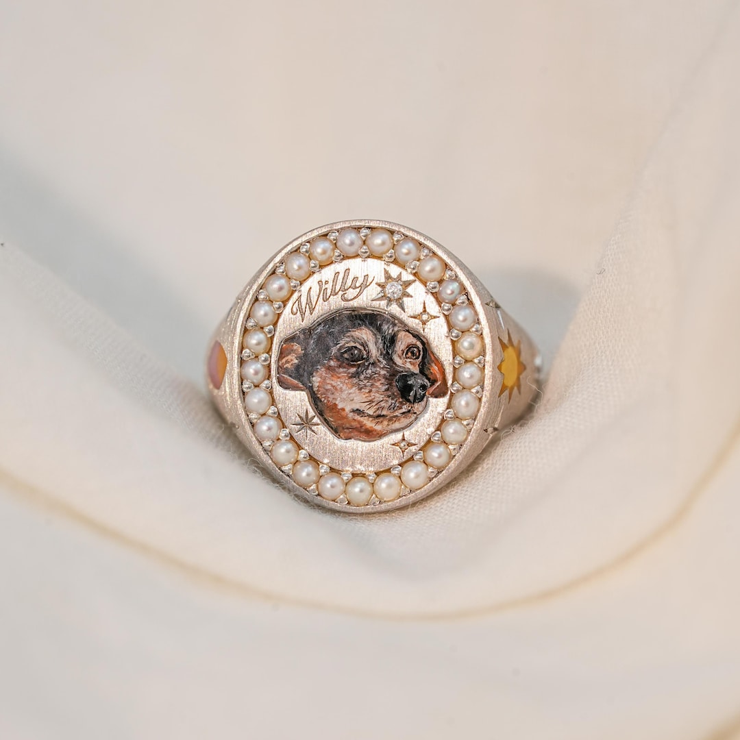 Custom Pearl Ring, Pet Enamel Ring, Dog Face Ring, Pet Keepsake, Dog ...