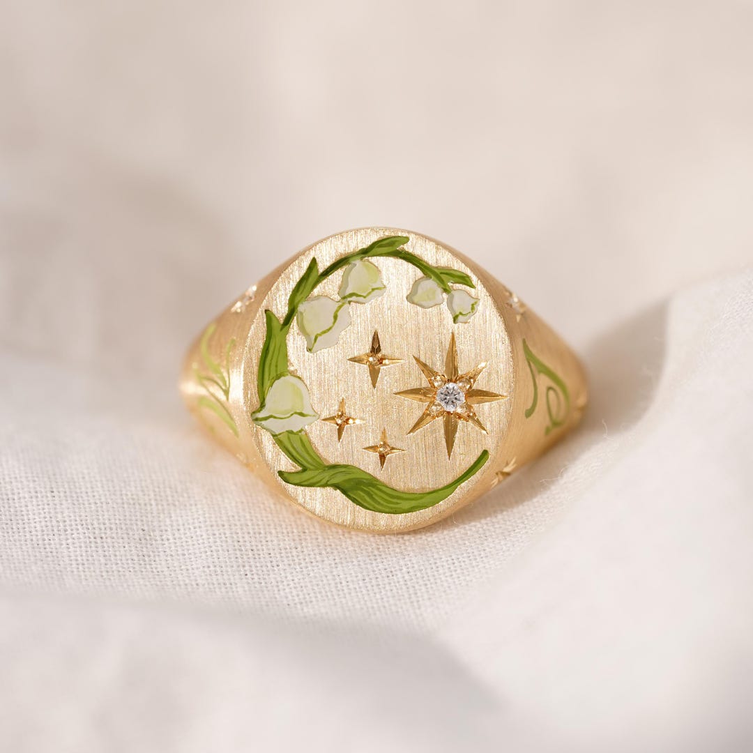 Custom Birth Flower Ring, Flower Enamel Ring, Lily of the Valley Flower ...