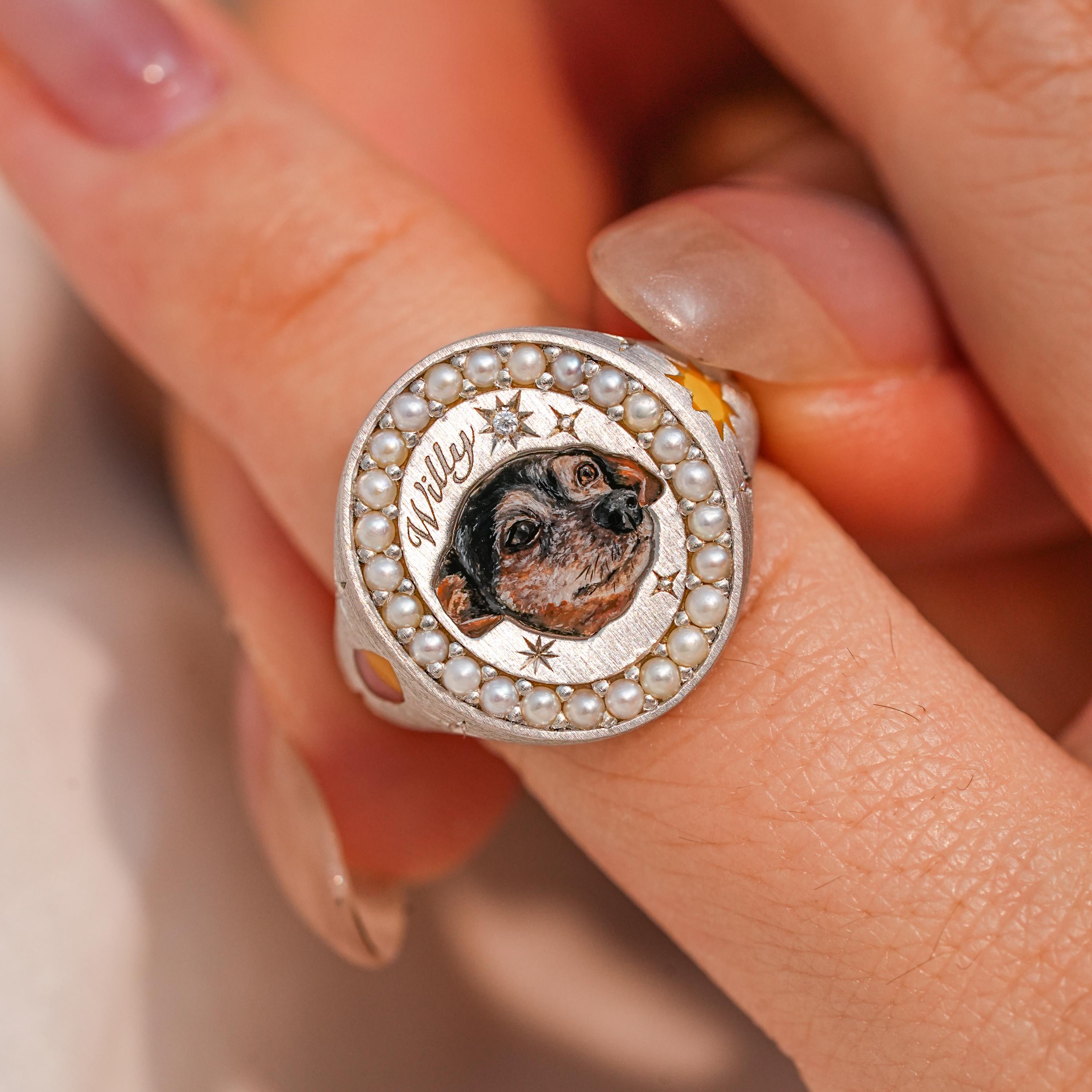 Custom Pearl Ring, Pet Enamel Ring, Dog Face Ring, Pet Keepsake, Dog ...