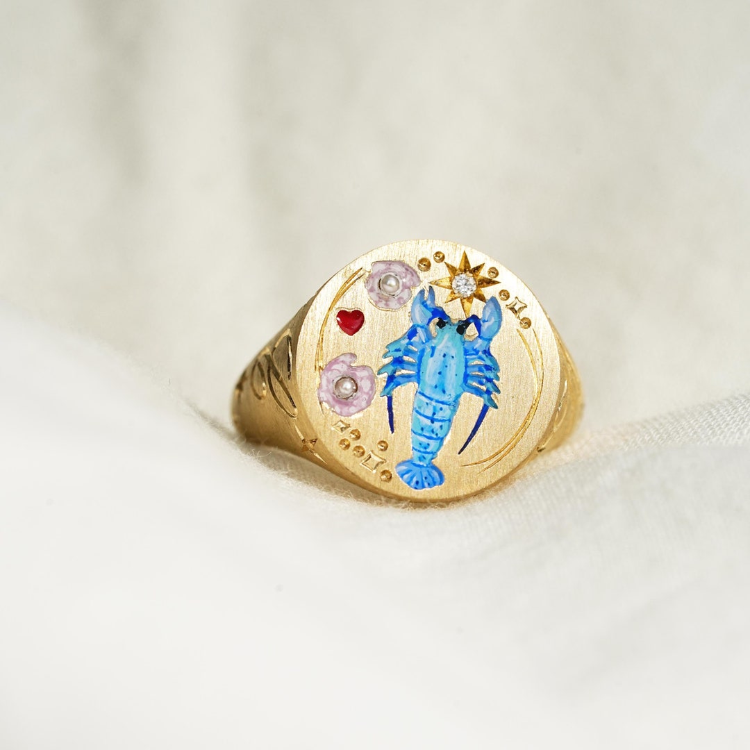 Custom Lobster Ring, Hand Painting Ring, Clam Enamel Jewelry, Natural ...
