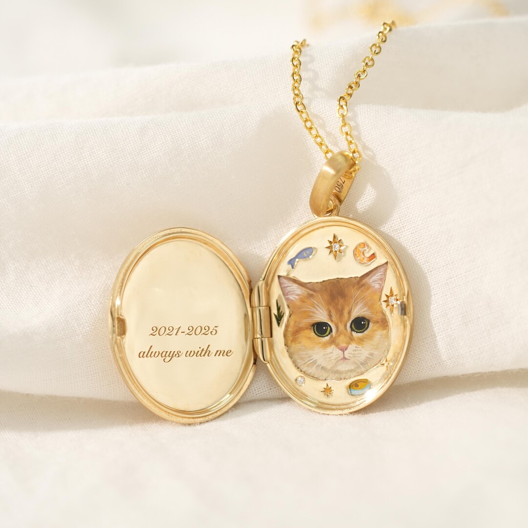 Custom Pet Locket Necklace, Cat Enamel Jewelry, Pet Memorial, Cat ...