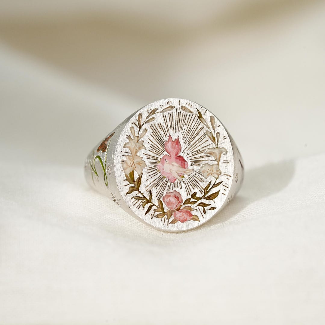 Custom Love Heart Ring, Laurel Wreath Enamel Ring, Hand Painted Bird ...