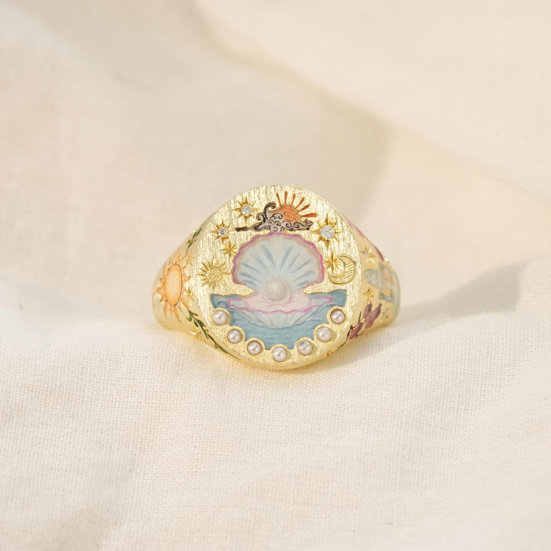 Custom Shell Enamel Ring, Clam Memorial Ring, Hand Painted Jewelry ...