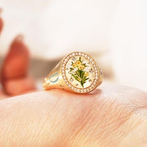 Custom Birth Flower Ring, Floral Enamel Ring, Natural Pearl Ring ...