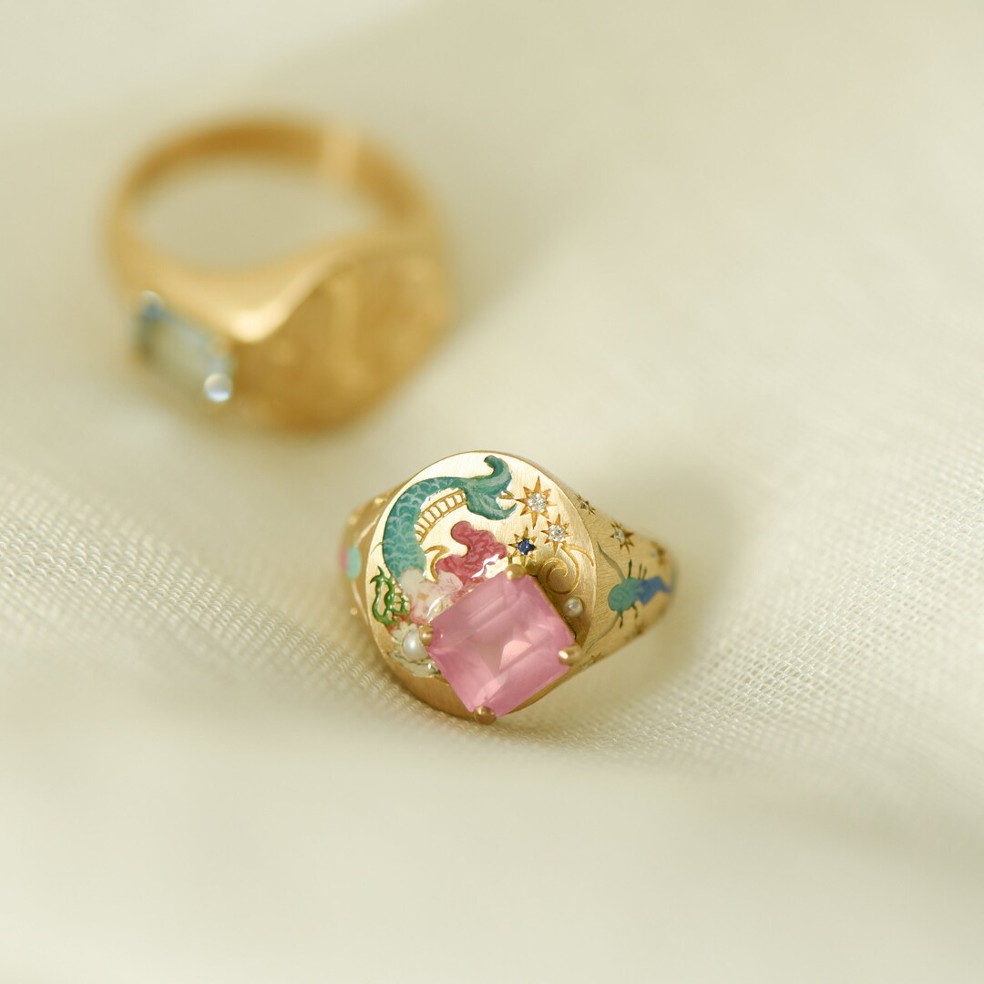 The Mermaid Ring, 2ct Pink Gem Ring, Enamel Mermaid Jewelry, Vintage ...