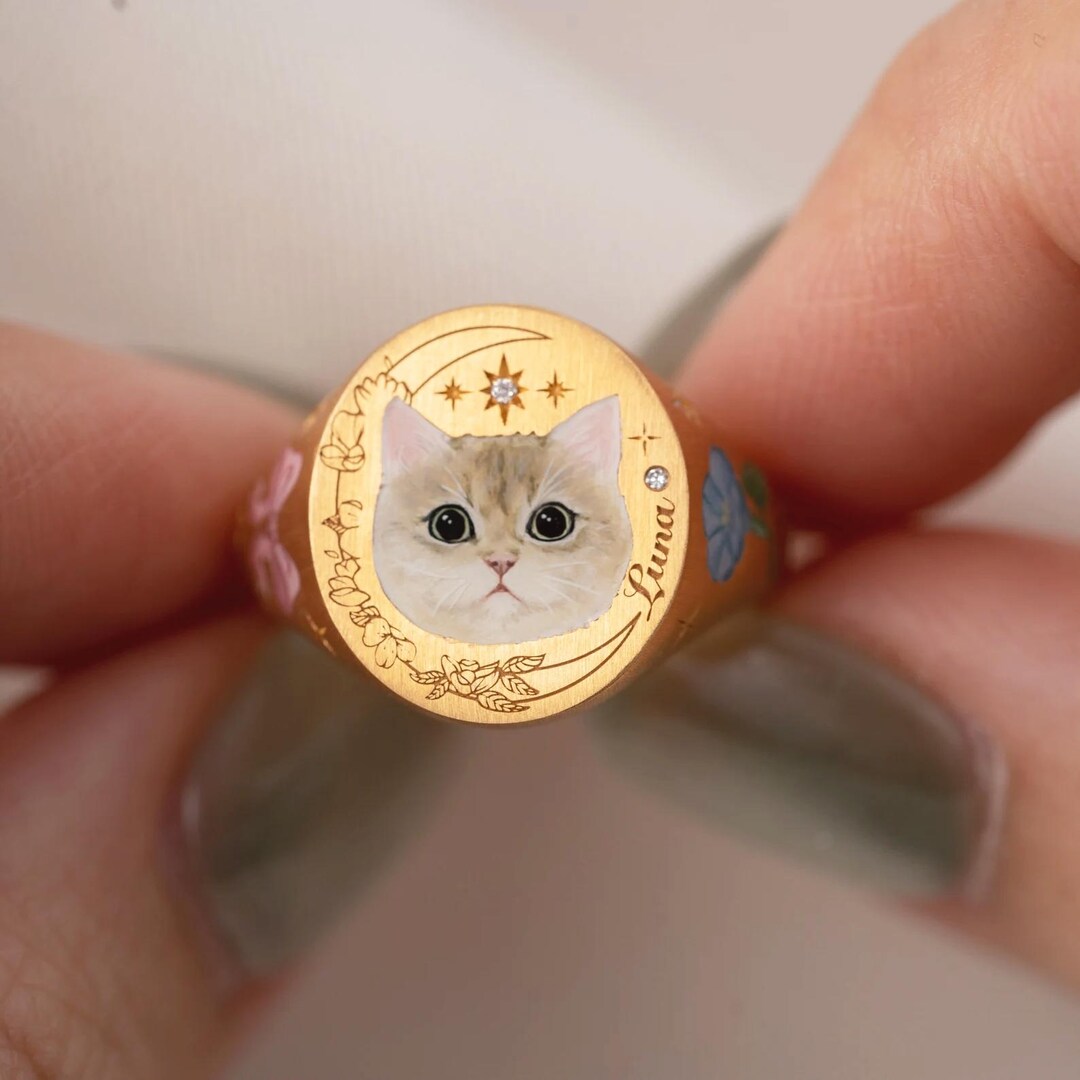 Custom Enamel Ring, Pet Photo Ring, Hand Painting Jewelry, Cat Keepsake ...