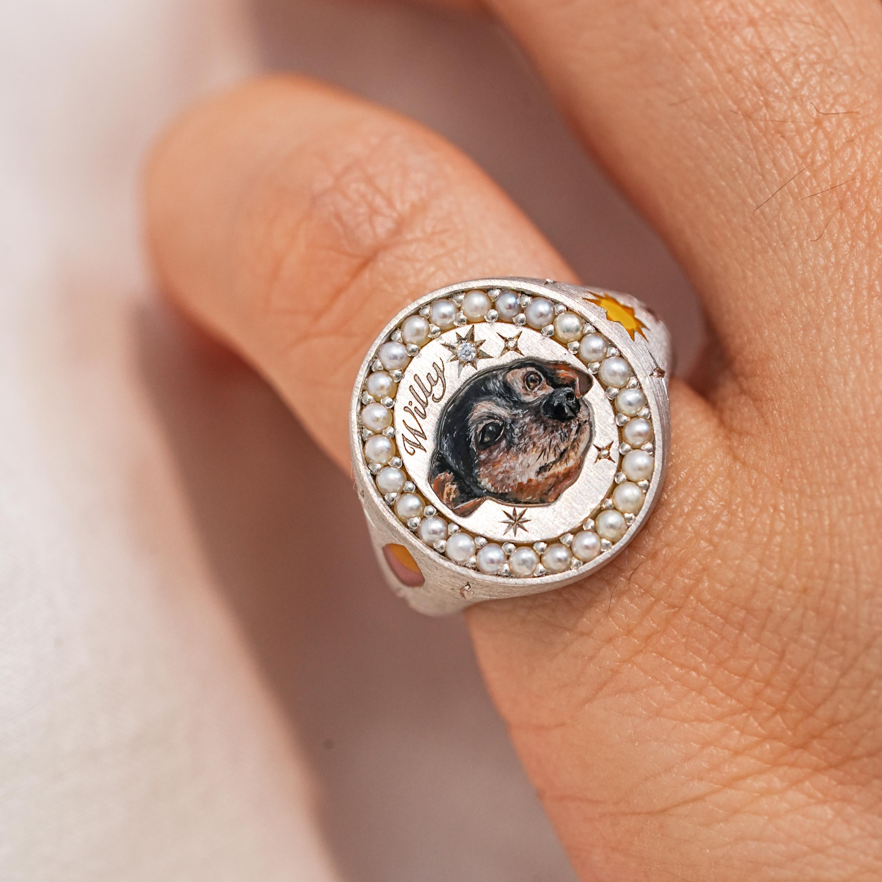 Custom Pearl Ring, Pet Enamel Ring, Dog Face Ring, Pet Keepsake, Dog ...