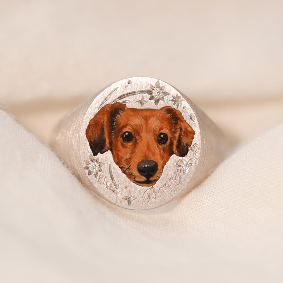 Custom Dog Memorial Ring, Pet Photo Enamel Ring, Hand Painted Ring, Dog ...