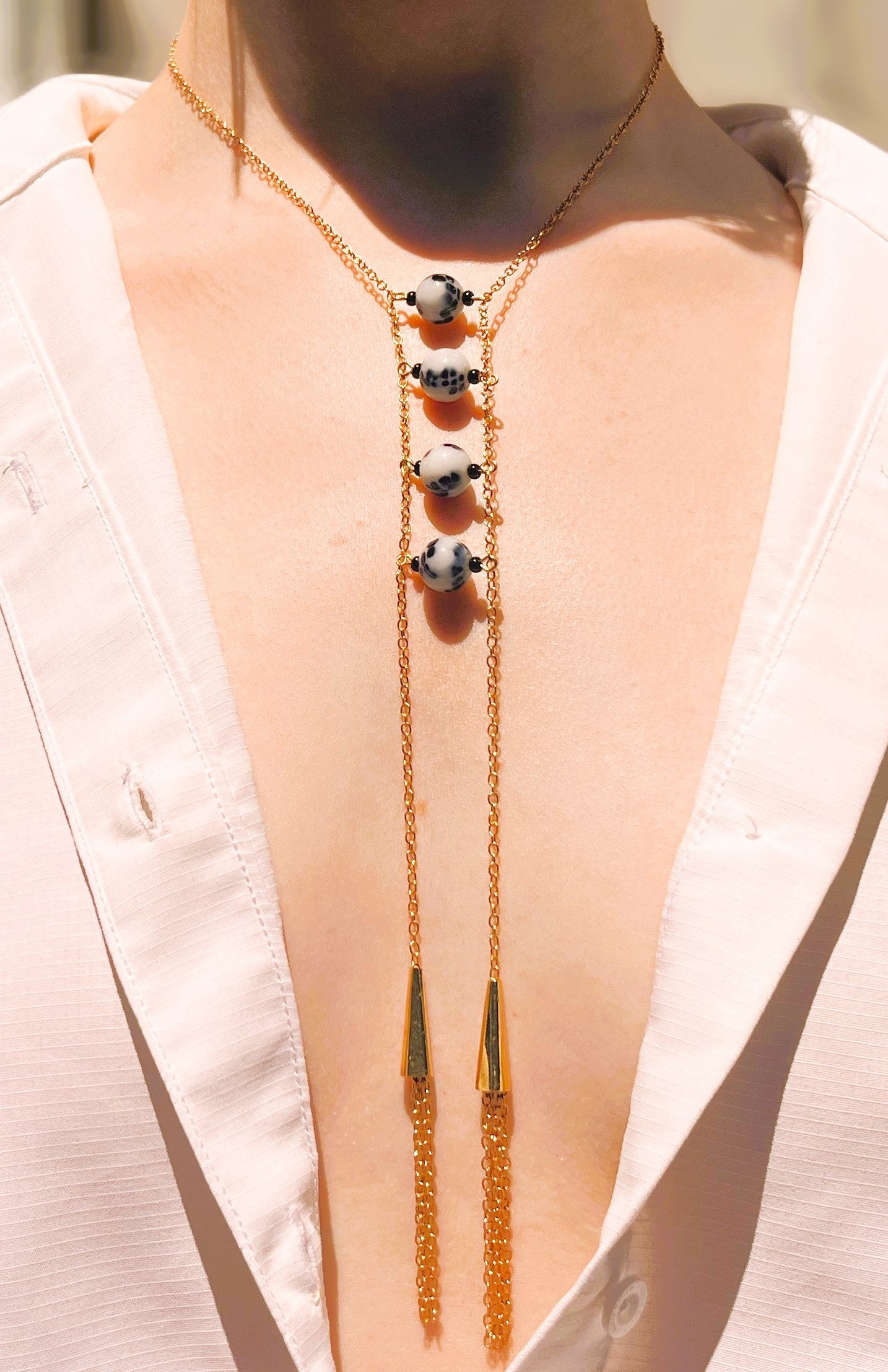 Blue and White Ceramic Lariat Ladder Necklace With Chain Tassels - Etsy