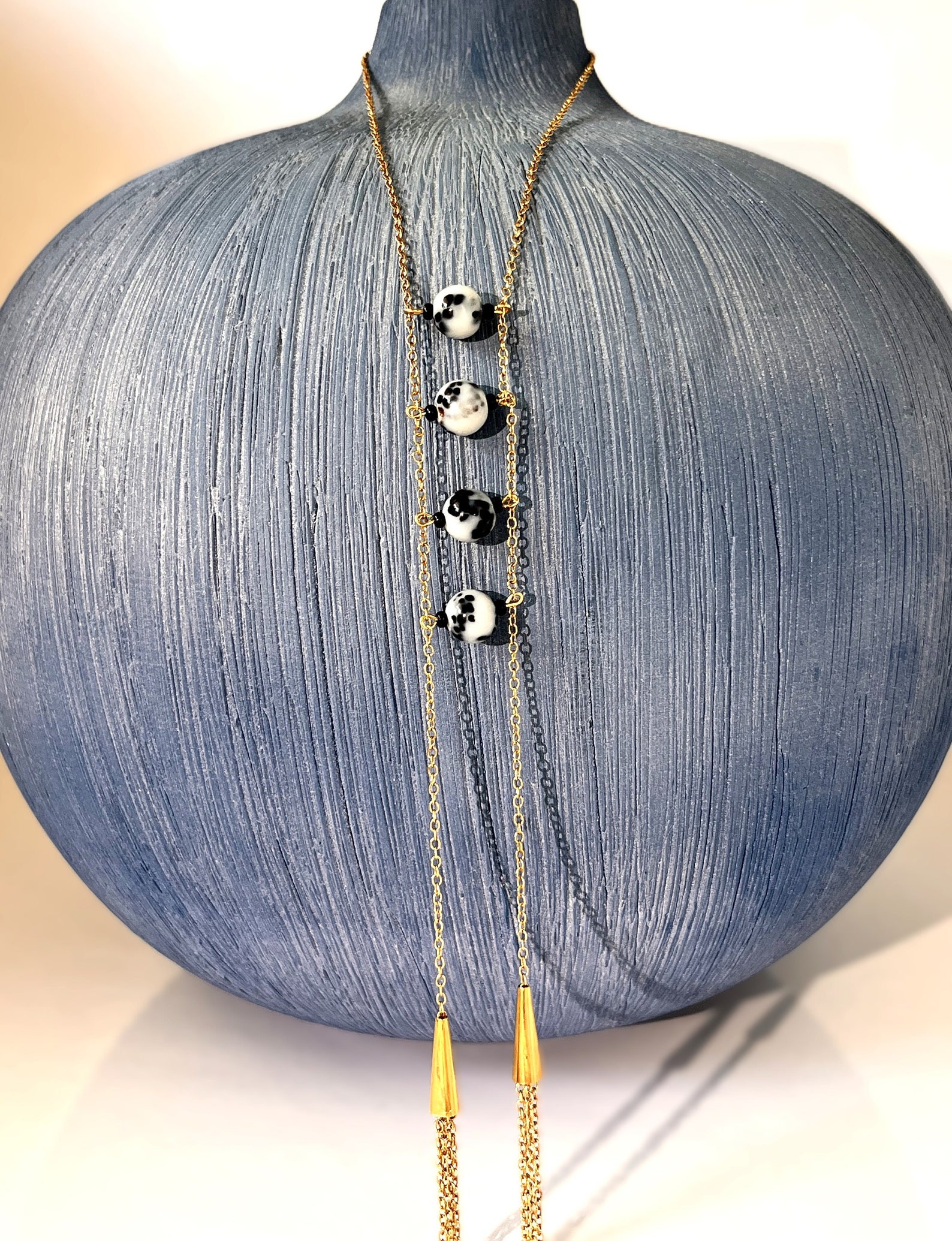 Blue and White Ceramic Lariat Ladder Necklace With Chain Tassels - Etsy