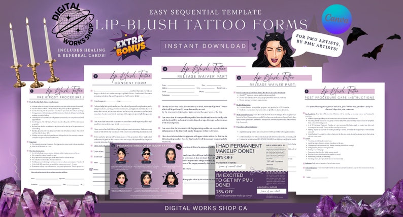 Lip Blush Tattoo Client Forms Bundle With Healing & Referral Cards ...