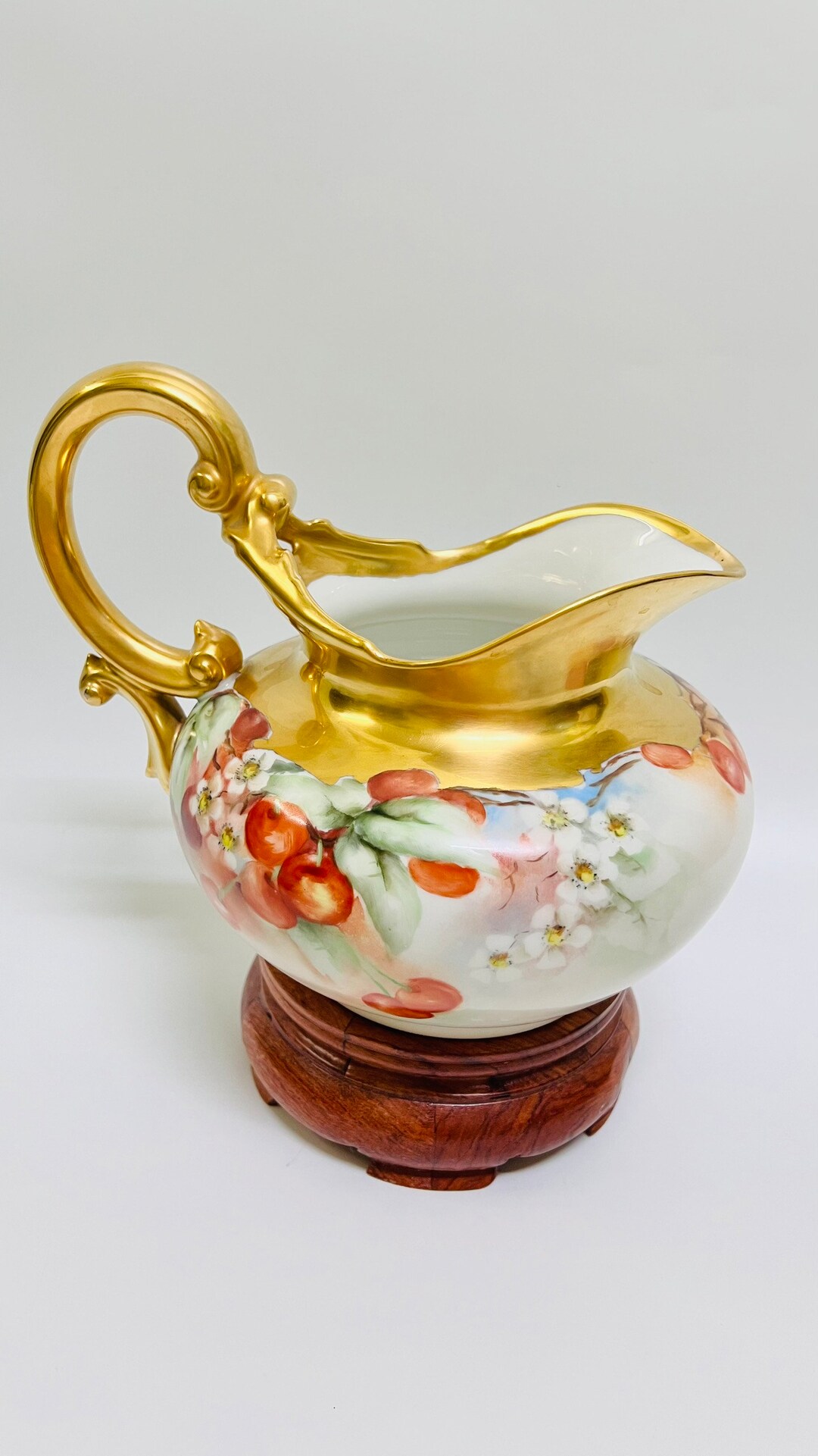 Antique Limoges Porcelain France Hand Painted Fruit Cider Pitcher, Gold ...