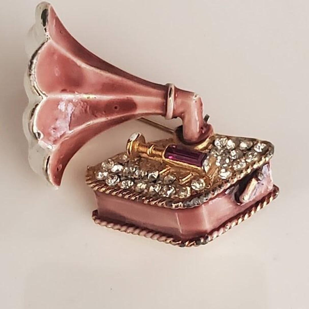 VTG BSK My Fair Lady Gramophone Pin Brooch Painted Enamel With Crystals ...