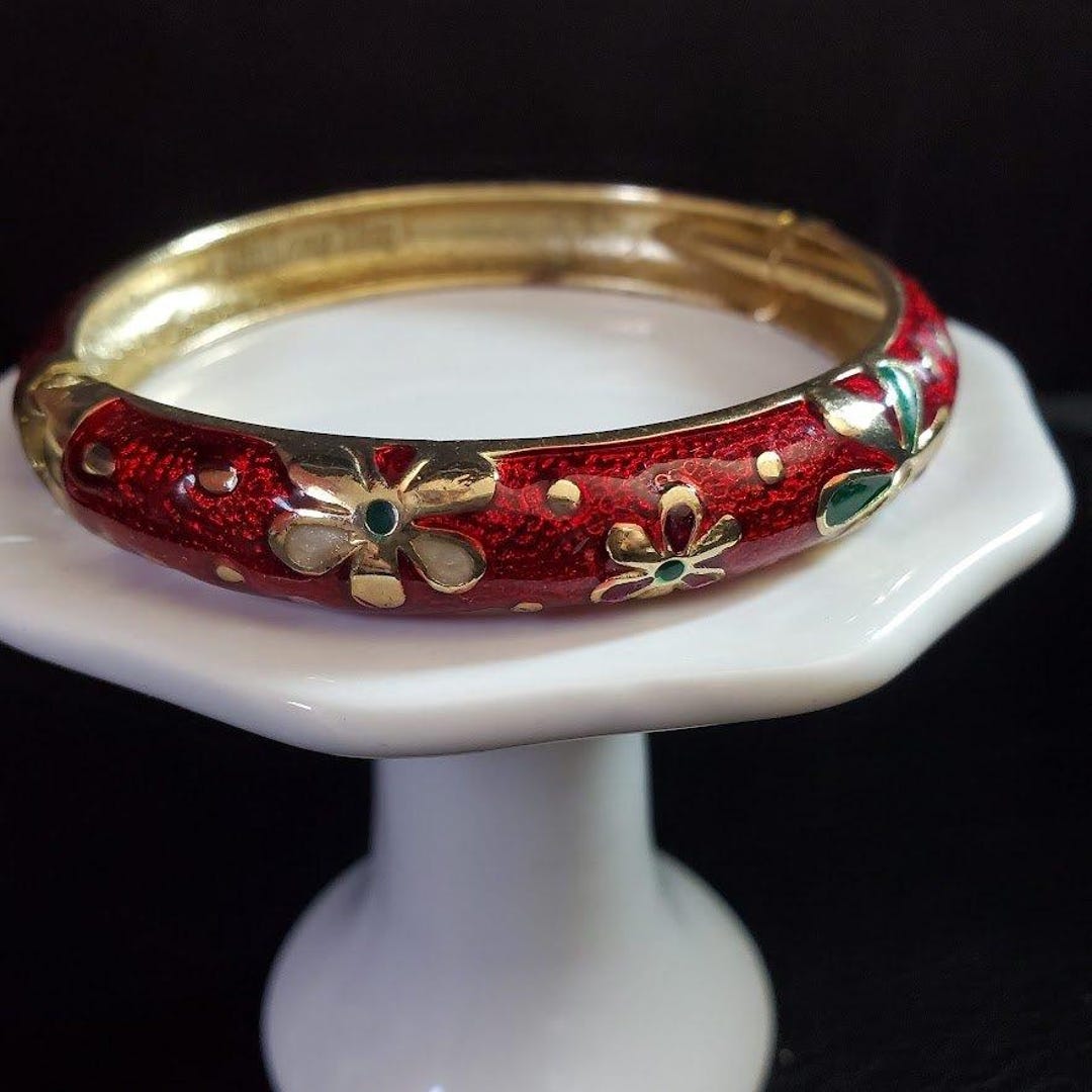 Jiu Long Xing Deep Red Enamel Cloisonne Floral Bangle Bracelet Gold ...
