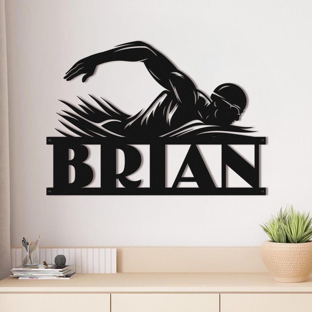 Personalized Man Swimmer Metal Wall Art LED Light, Custom Swimming ...